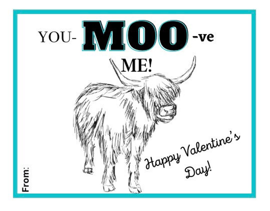 Highland Cow Valentine Cards, Kids Valentine Cards, Instant Digital ...