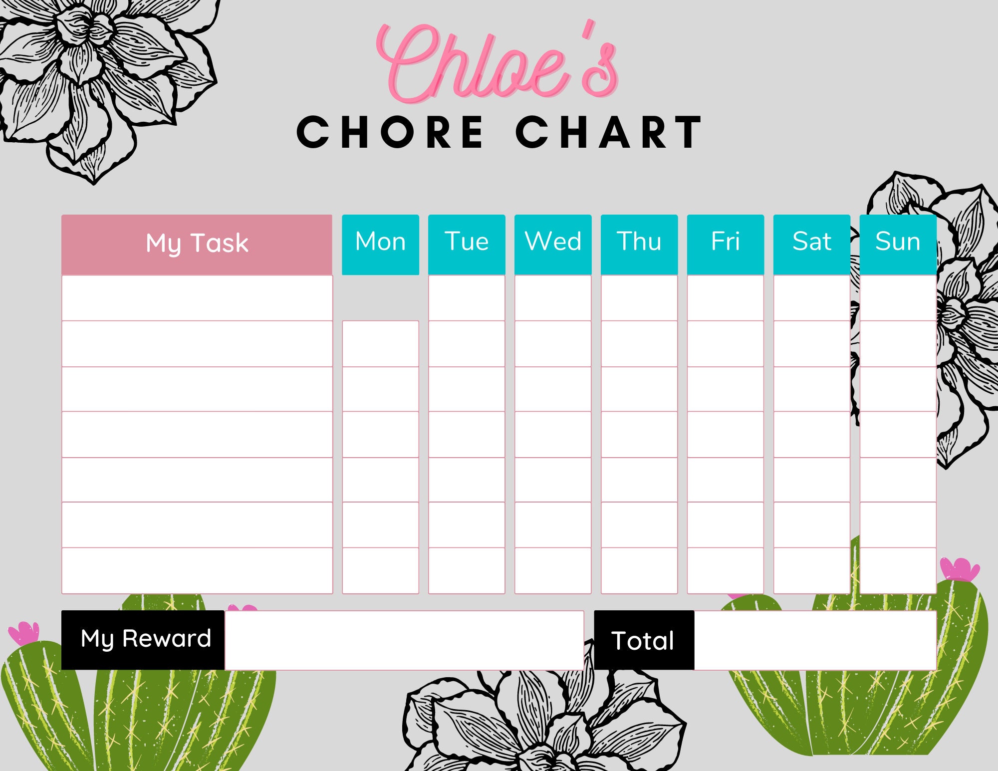 Editable Cactus Theme Chore Chart - Etsy