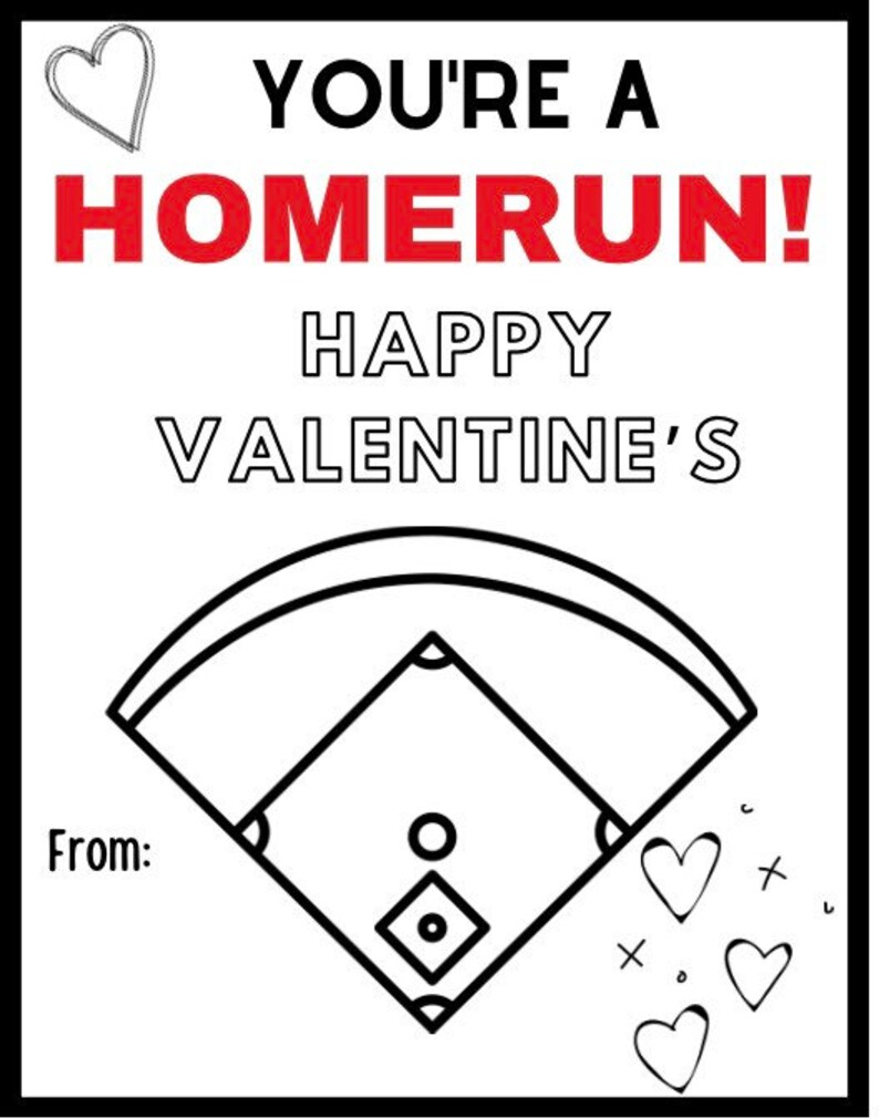 Baseball Valentine Cards, Heart Edition, Able to Color to Leave as Is ...