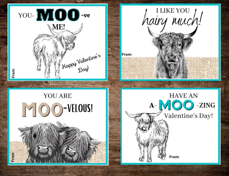 Highland Cow Valentine Cards, Kids Valentine Cards, Instant Digital ...