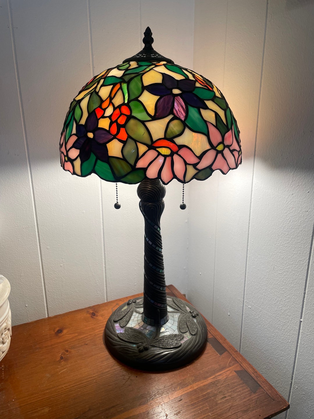Vintage Tiffany Style Lamp With Floral Shade and Dragonfly Base - Etsy