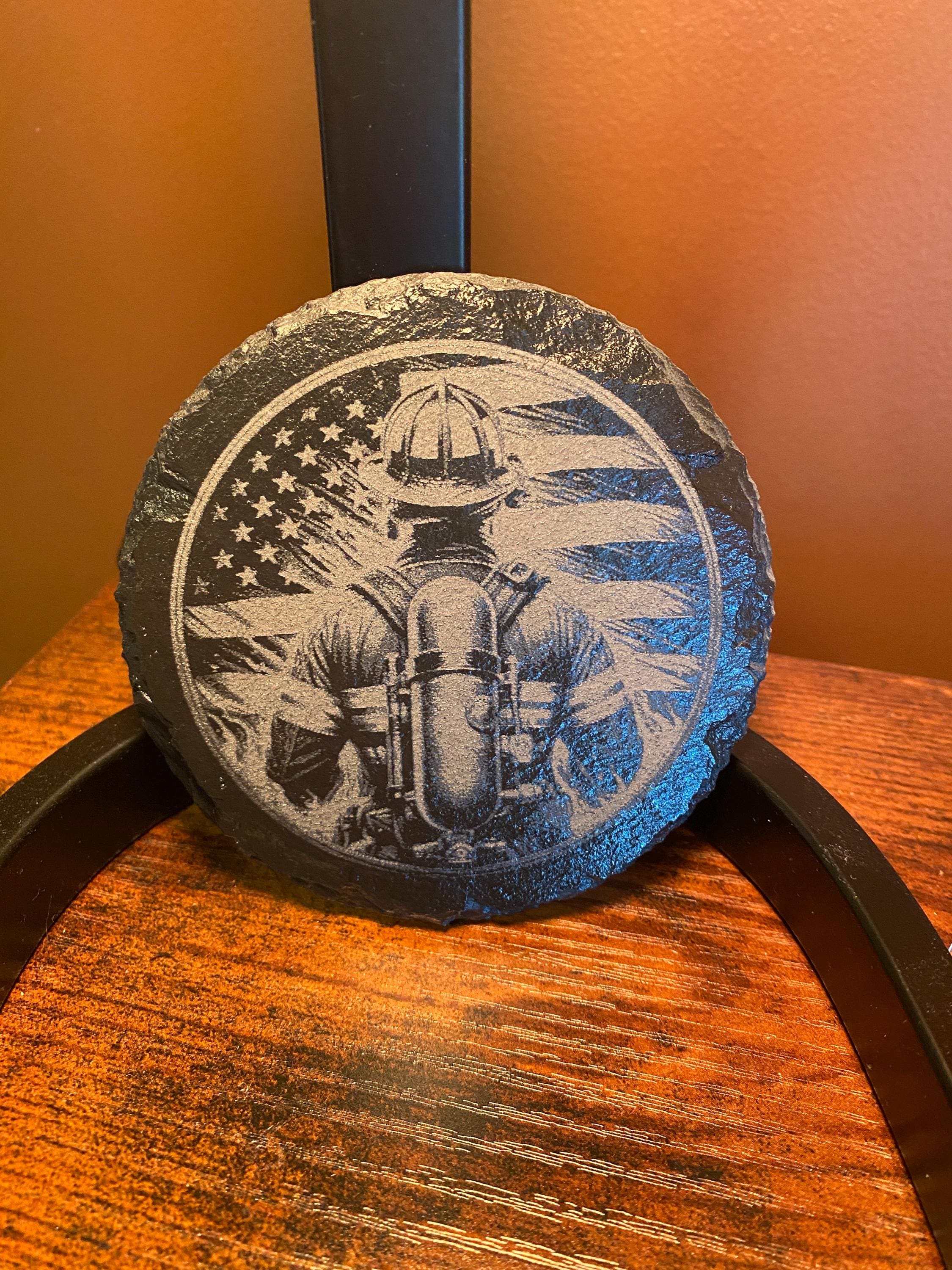 Laser Engraved Firefighter American Flag Slate Coaster - Etsy