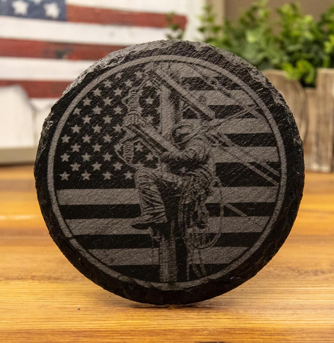 Set of Laser Engraved Lineman Patriotic American Flag Slate Stone ...