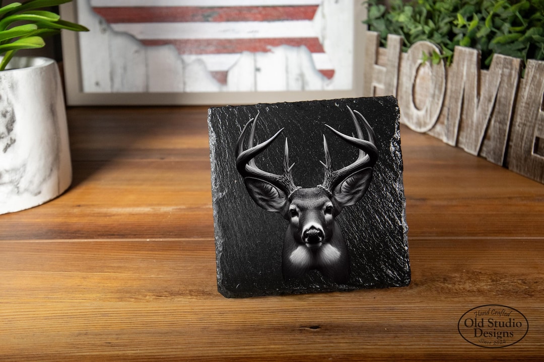Set of Whitetail Deer Designed Laser Engraved Stone Slate Coasters ...