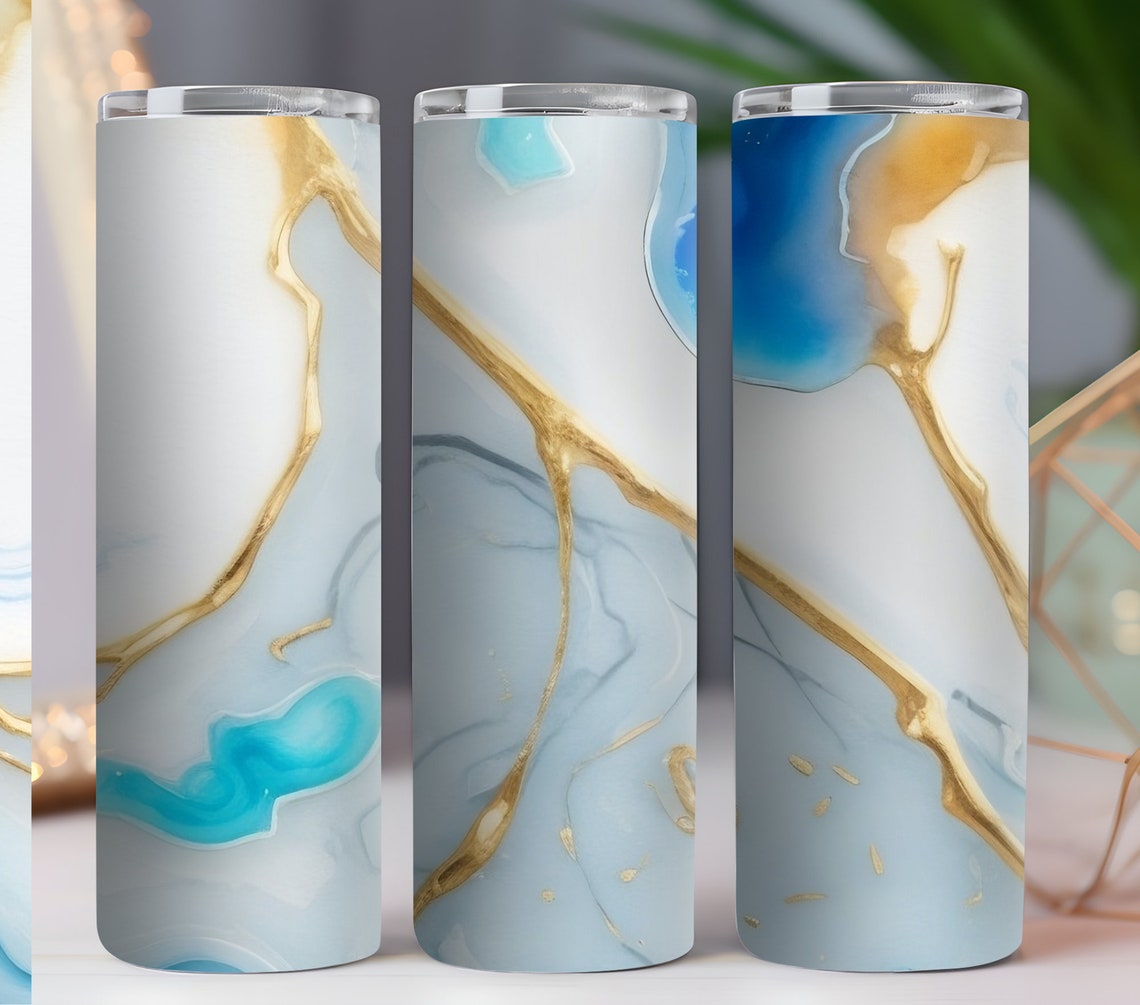 White Gold Blue Marble Tumbler Wrap, 20oz Tumbler Design , Sublimation ...