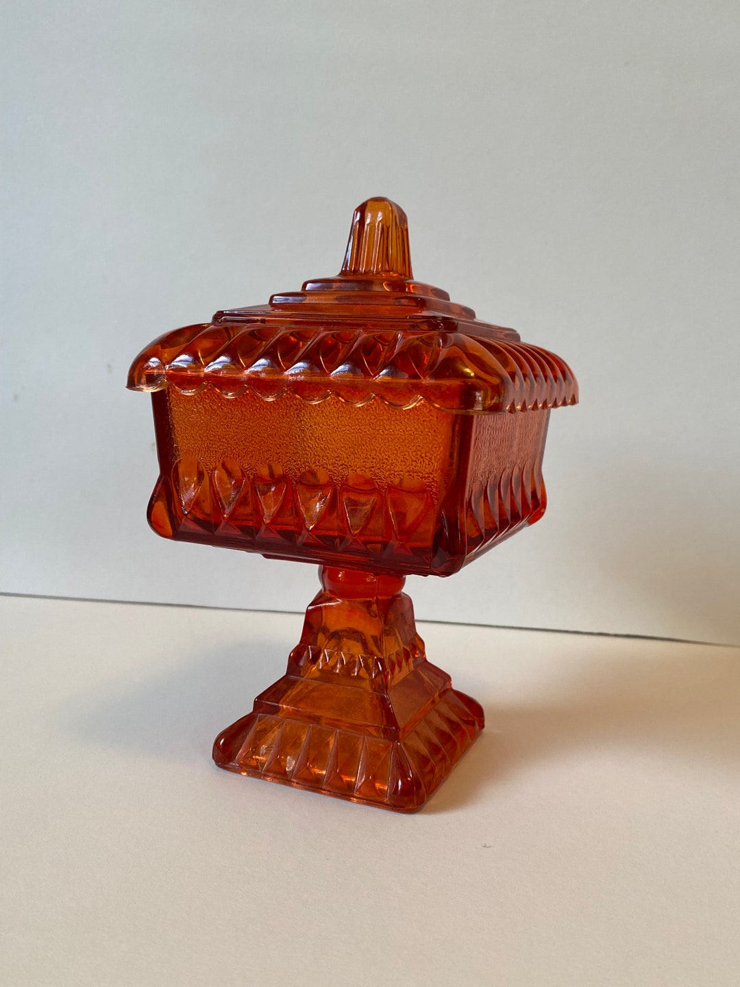 Red Orange Mid Century Jeanette Glass Wedding Cake Box Candy Dish With ...