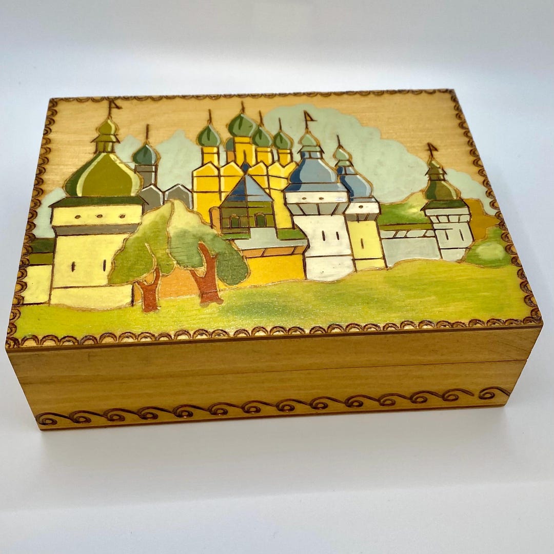 Vintage USSR Soviet Union Russian Painted Pyrography Wood Burned Hinged ...