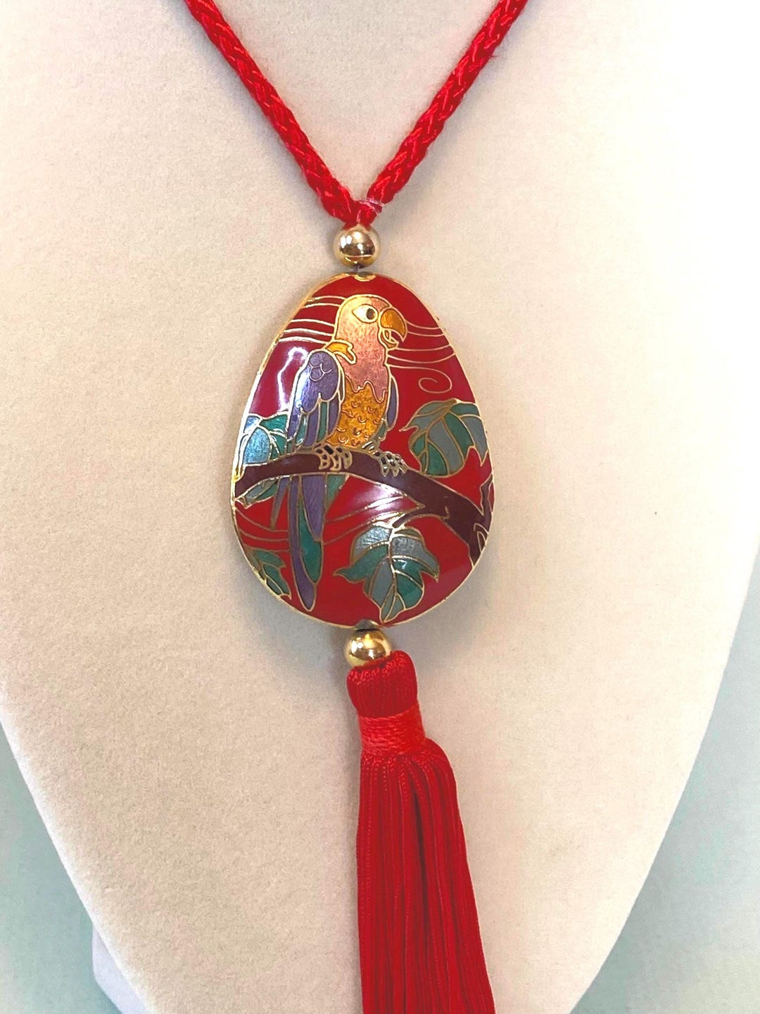 Vtg Red Parrot Cloisonne Pendant With Red Cord Necklace and Tassel - Etsy