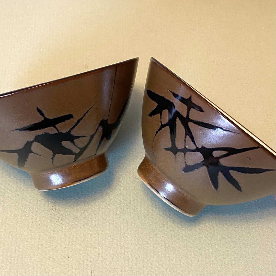 Mid Century Japanese Ceramic Rice Bowls, Bronze Brown With Black ...