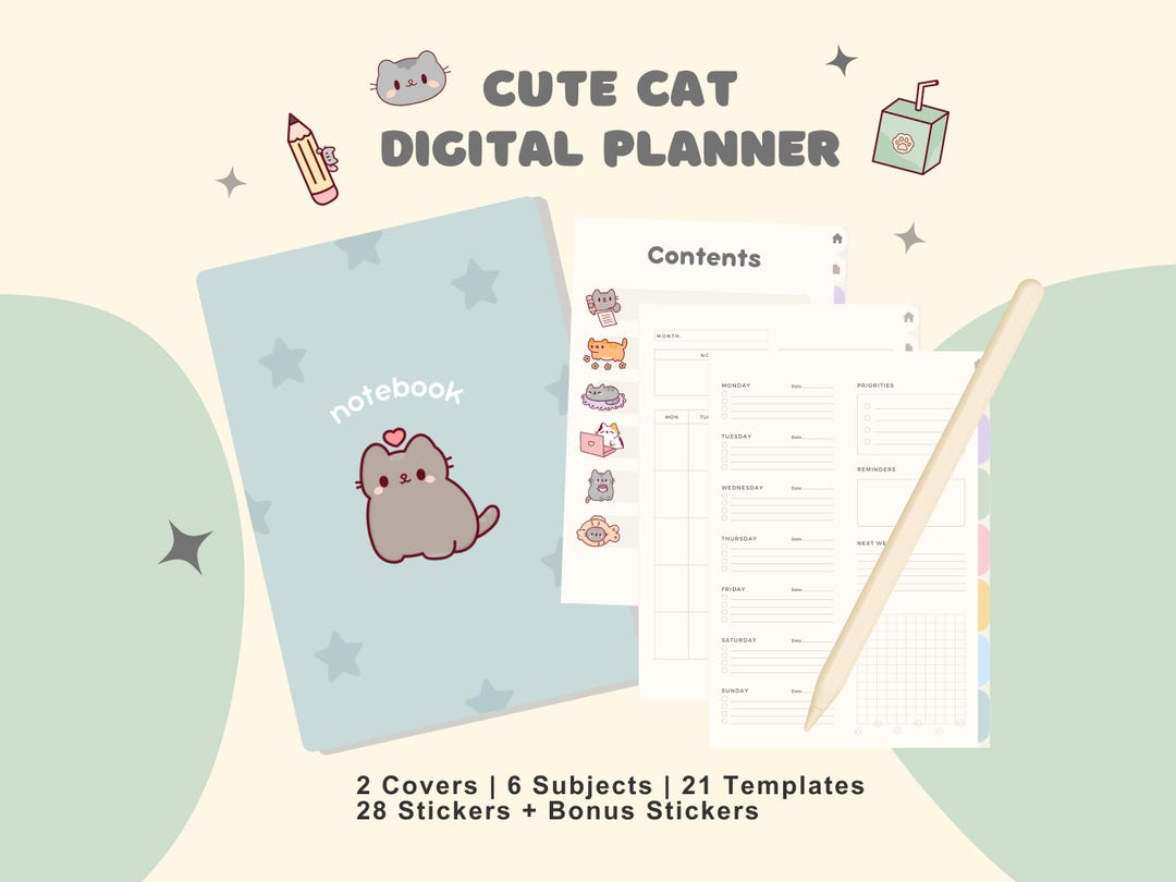 Cute Cat Digital Planner | Goodnotes Notability | Undated Yearly ...