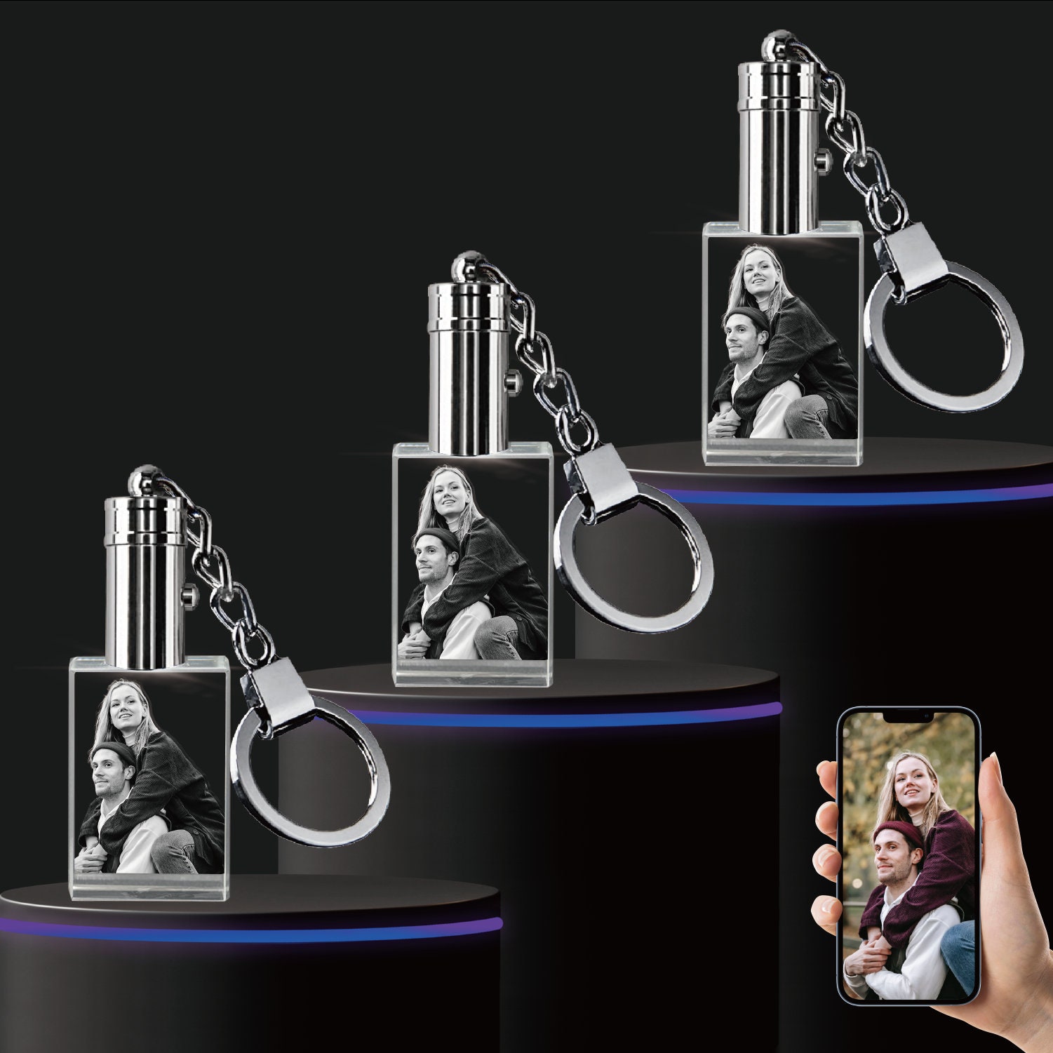 Set of 3 Keychains, Personalized Crystal Photo Keychain With LED Light ...