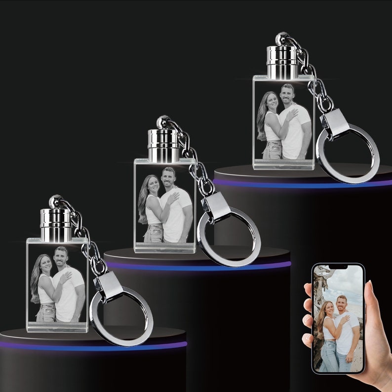 Set of 3 Keychains, Personalized Crystal Photo Keychain With LED Light ...