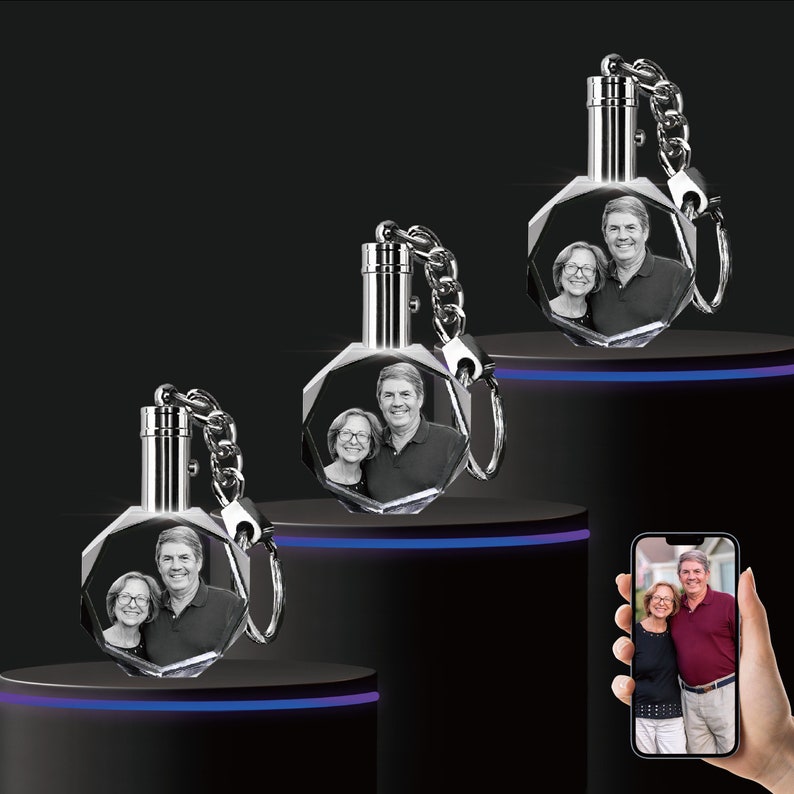 Set of 3 Keychains, Personalized Crystal Photo Keychain With LED Light ...