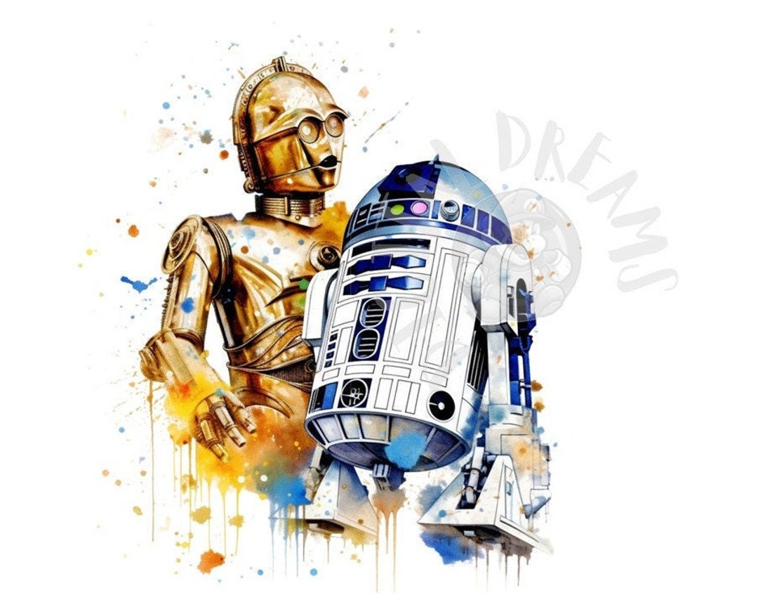 Set of 8 Watercolor R2-D2 and C-3PO Digital Images for Printing, T ...
