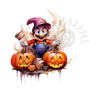Set of 8 Watercolor Mario Bros Halloween Digital Images for Printing, T ...