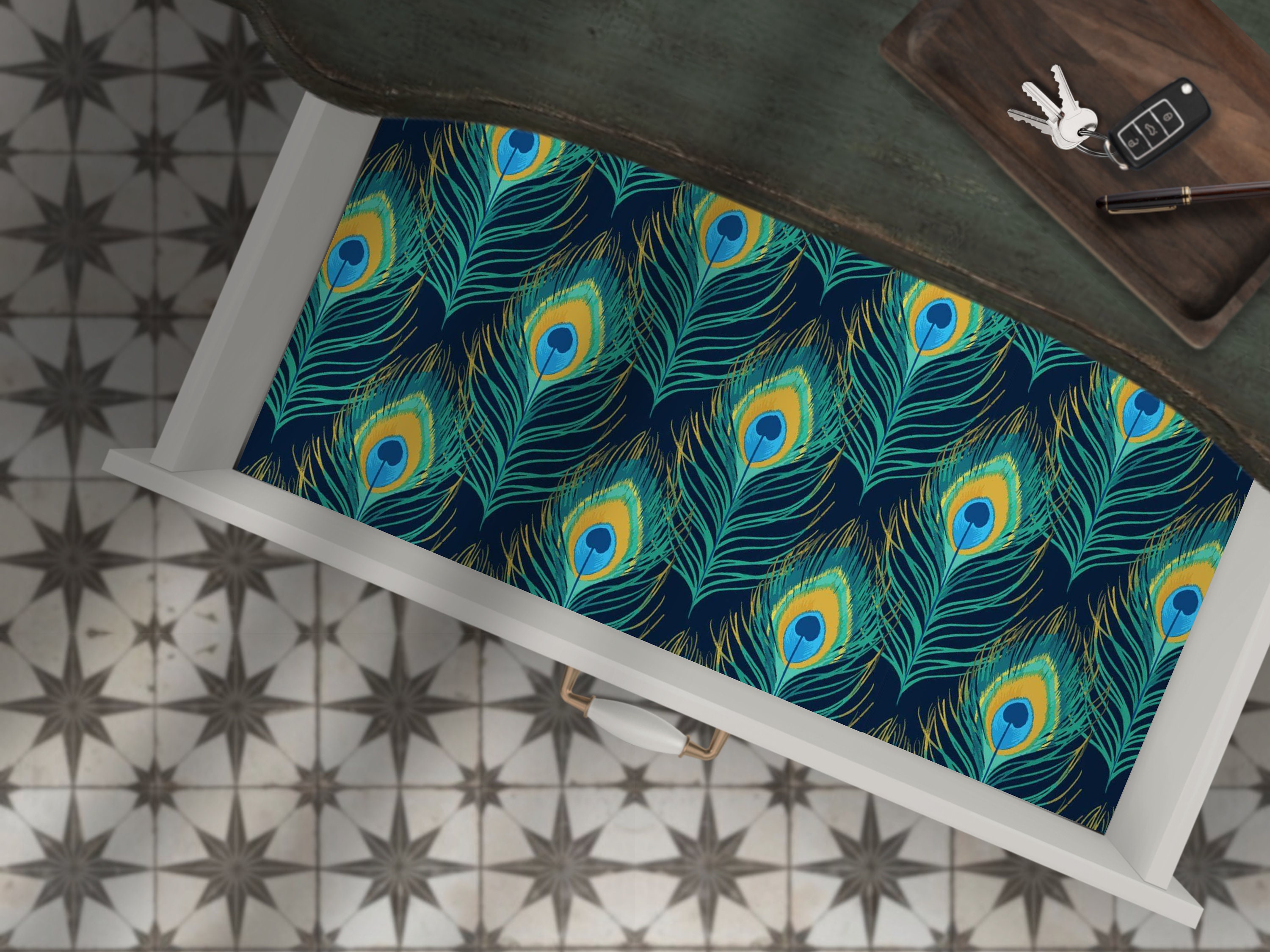 Art Deco Peacock Feather Peel and Stick Fabric Drawer Liner for ...