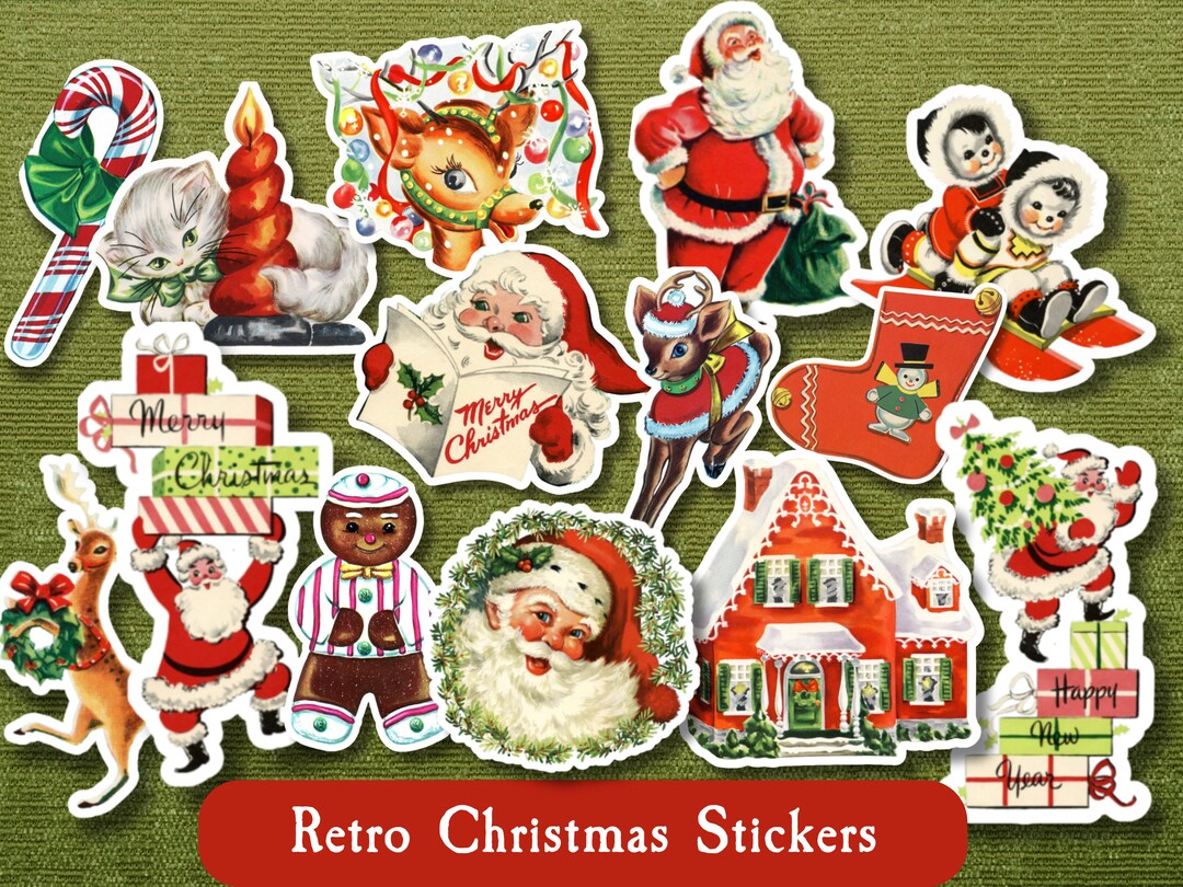 Retro Christmas Sticker Pack, Vintage Christmas Stickers, Retro Santa ...