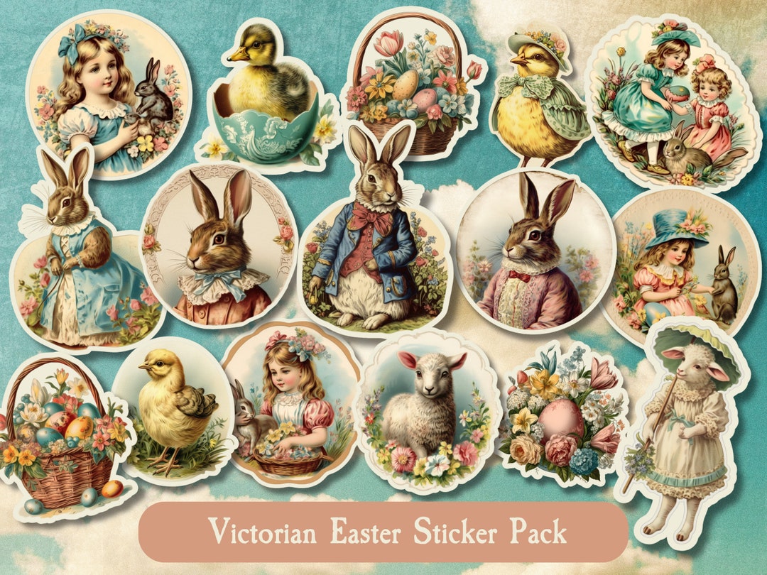 Victorian Easter Sticker Pack, Vintage Easter Stickers, Bunny Rabbit ...