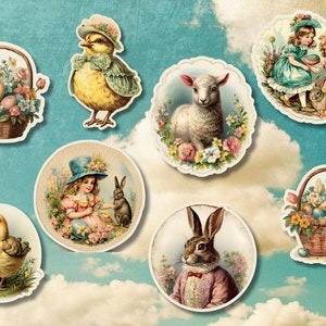 Victorian Easter Sticker Pack, Vintage Easter Stickers, Bunny Rabbit ...