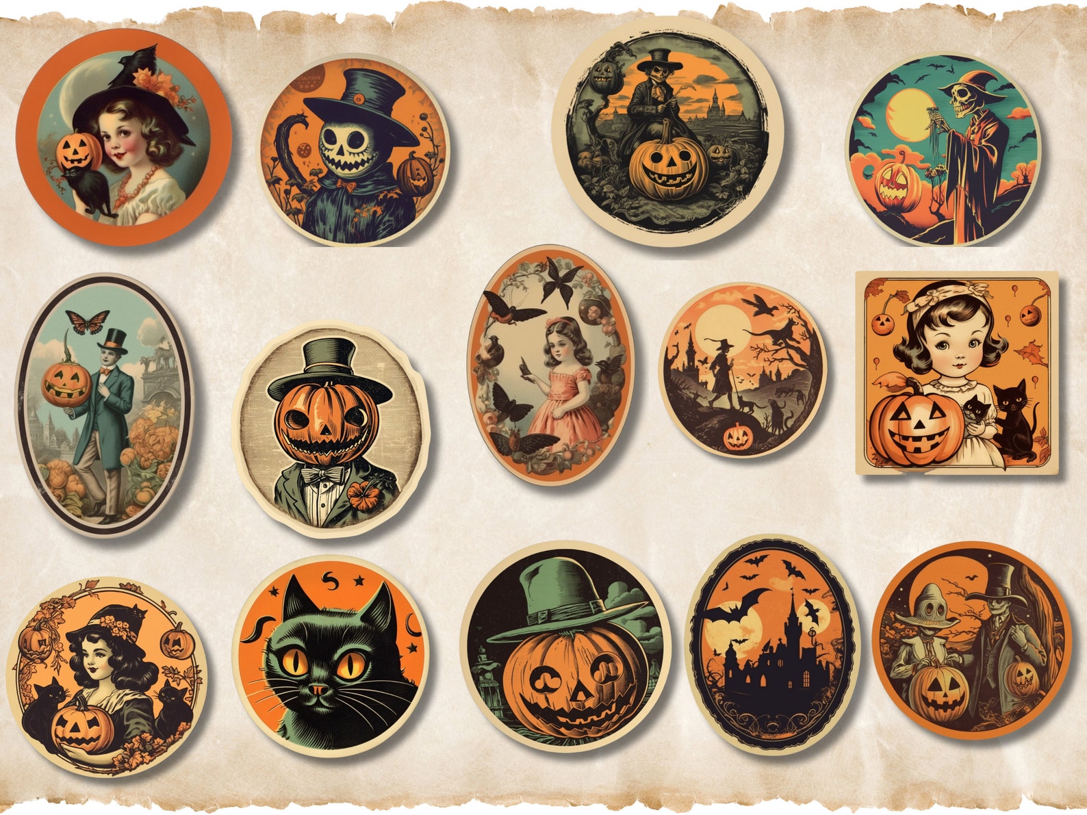 Vintage Halloween Sticker Pack, Retro Halloween Stickers, Black Cat ...