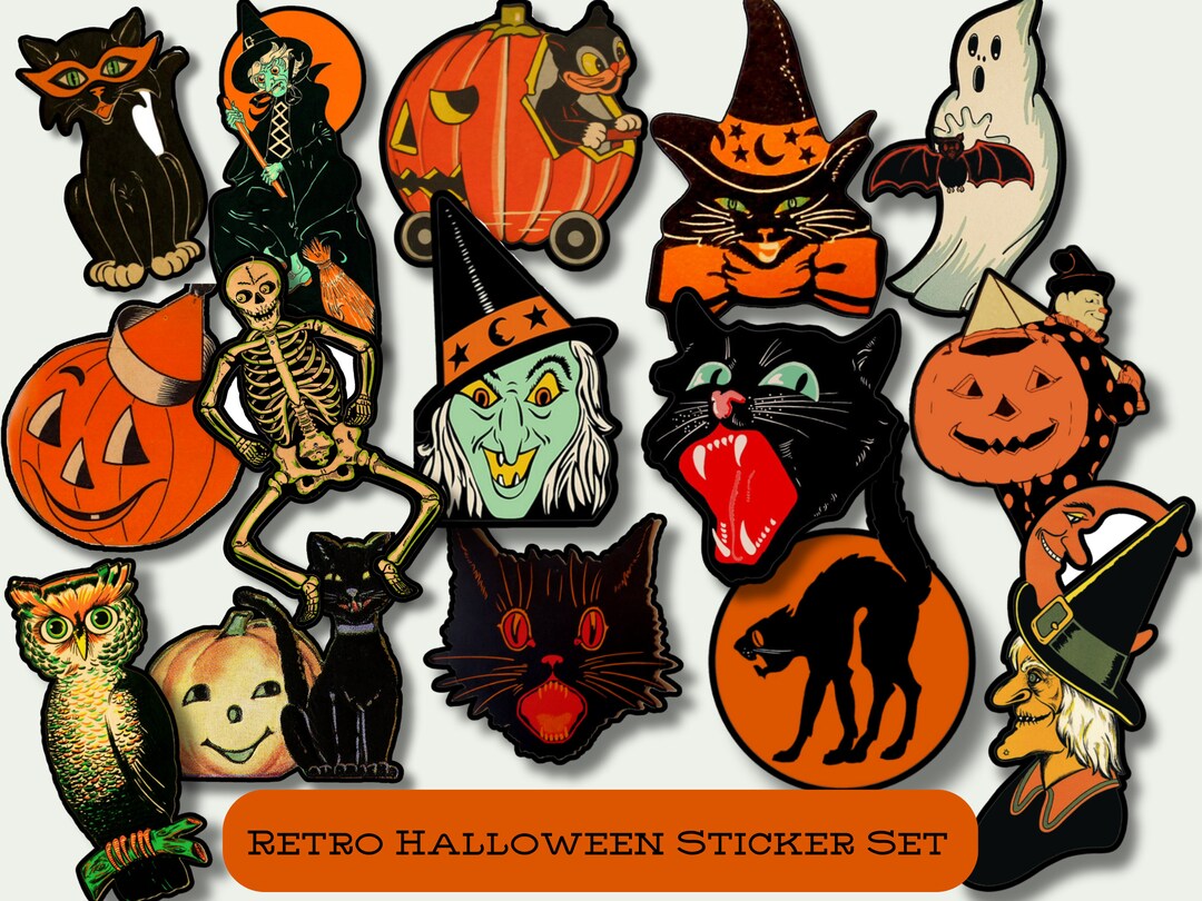 Retro Halloween Sticker Pack, Vintage Halloween Stickers, Black Cat ...