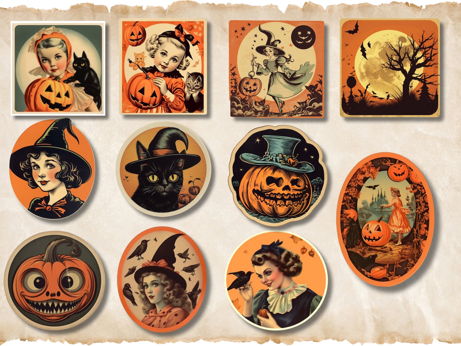 Vintage Halloween Sticker Pack, Retro Halloween Stickers, Black Cat ...
