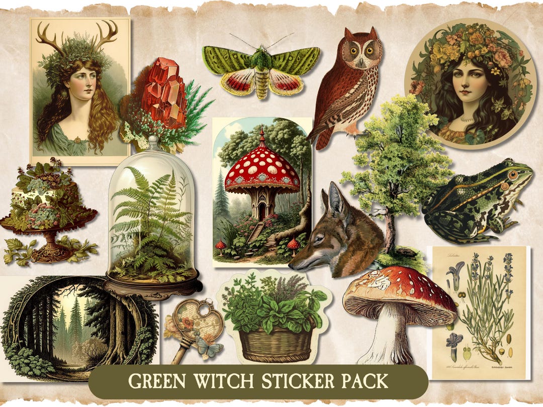 Vintage Green Witch Sticker Pack, Forest Witch, Victorian Witch ...