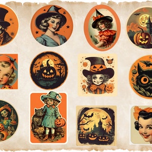 Vintage Halloween Sticker Pack, Retro Halloween Stickers, Black Cat ...