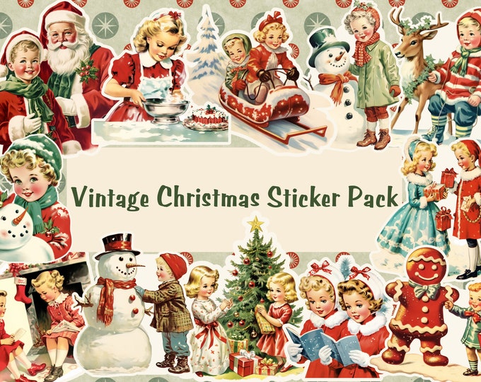 Vintage Christmas Sticker Pack, Retro Christmas Stickers, Mid Century ...
