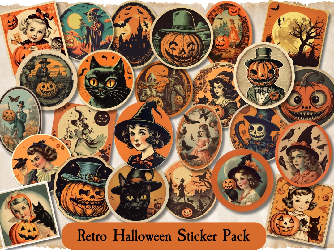 Vintage Halloween Sticker Pack, Retro Halloween Stickers, Black Cat ...