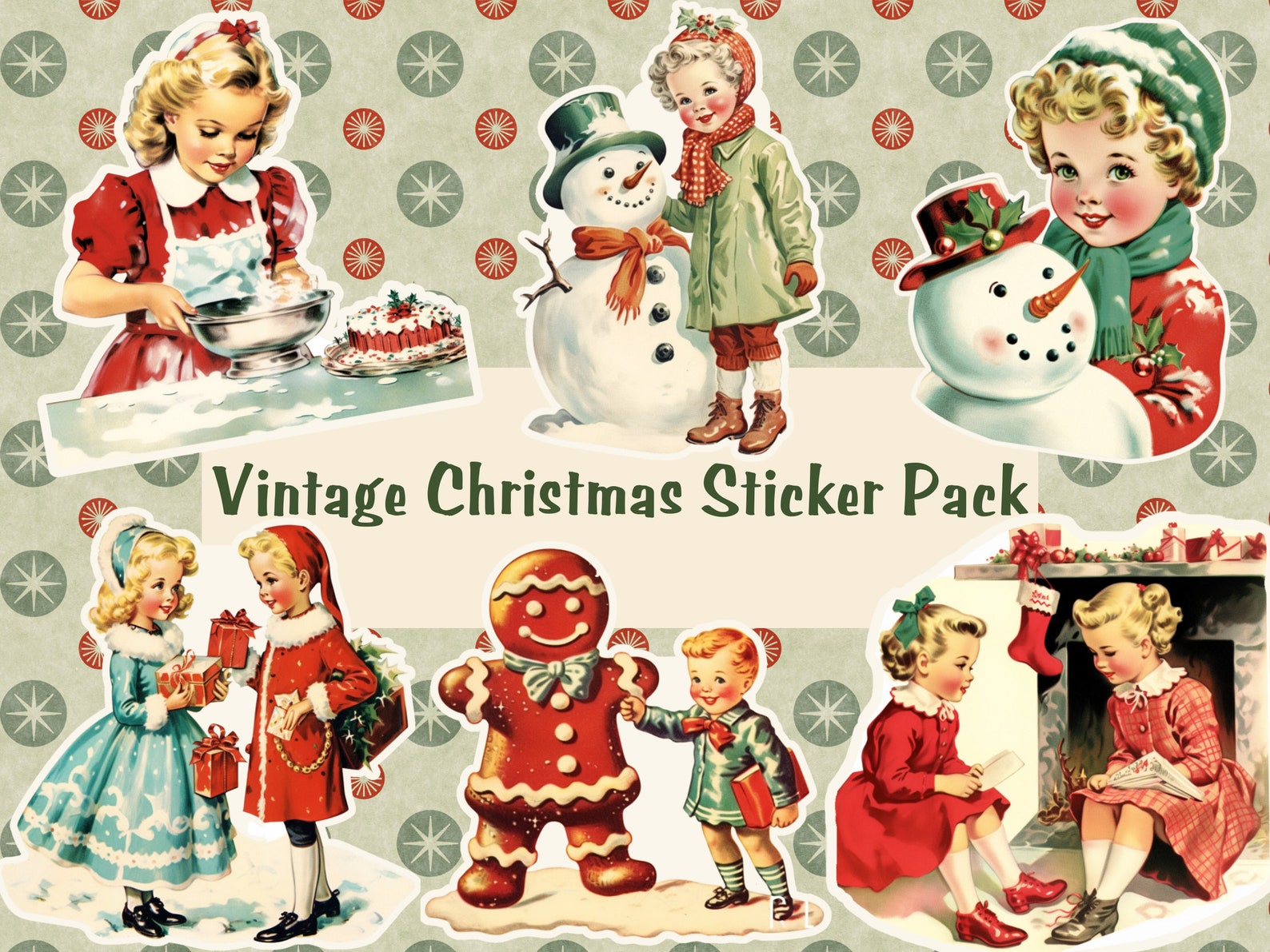 Vintage Christmas Sticker Pack, Retro Christmas Stickers, Mid Century ...