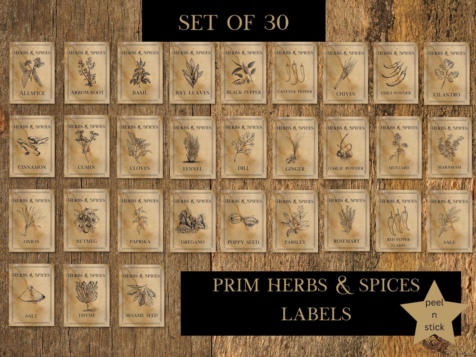 Set of 30 Primitive Spice Jar Labels, Primitive Pantry Labels, Country ...