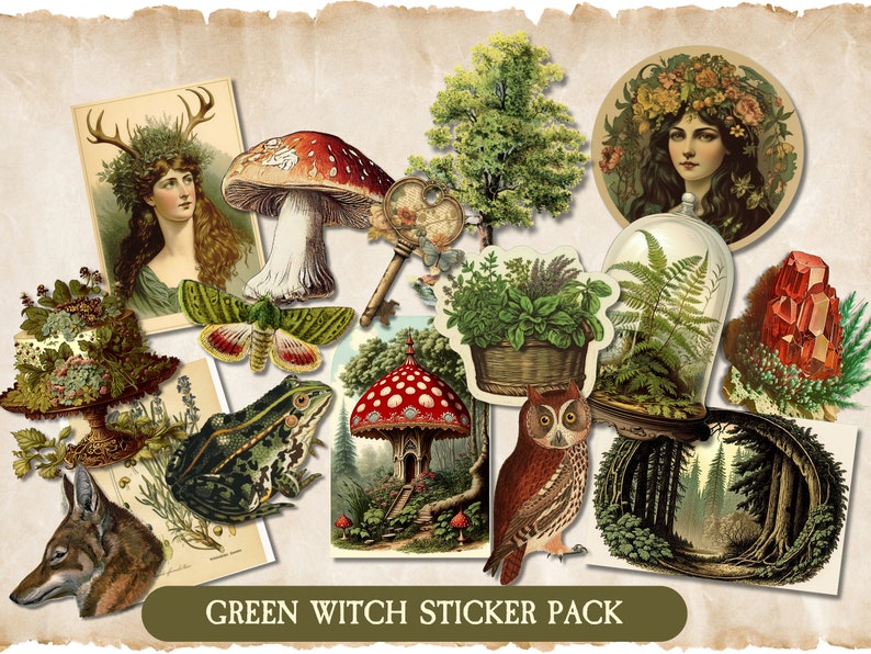 Vintage Green Witch Sticker Pack Forest Witch Victorian - Etsy