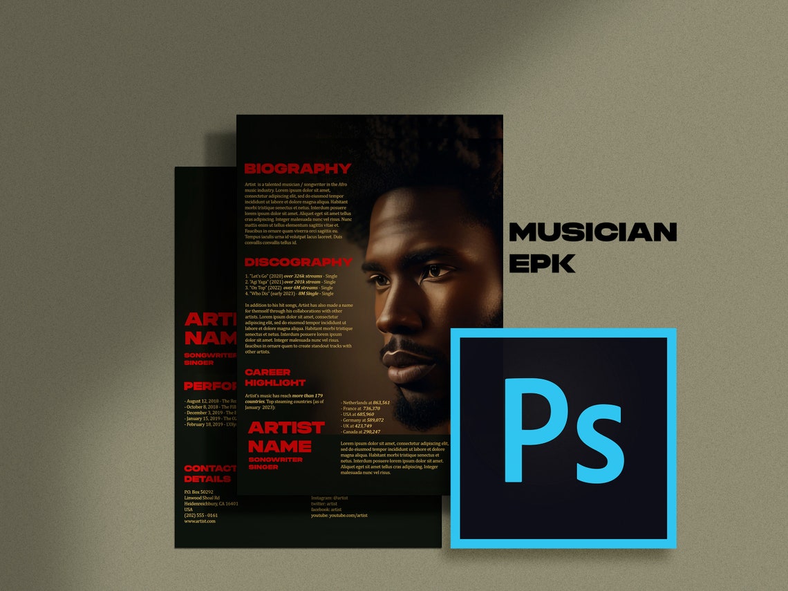 2-page Electronic Press Kit | Music EPK | Photoshop Template - Etsy