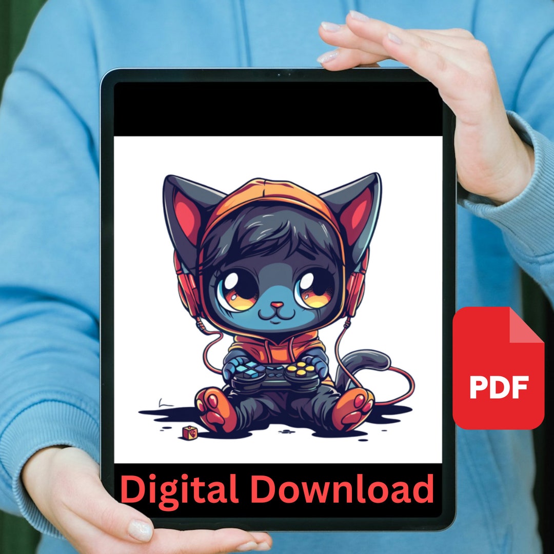 Cat Playing Video Games PDF PNG, Gamer Cat Art, Digital Download, Funny ...