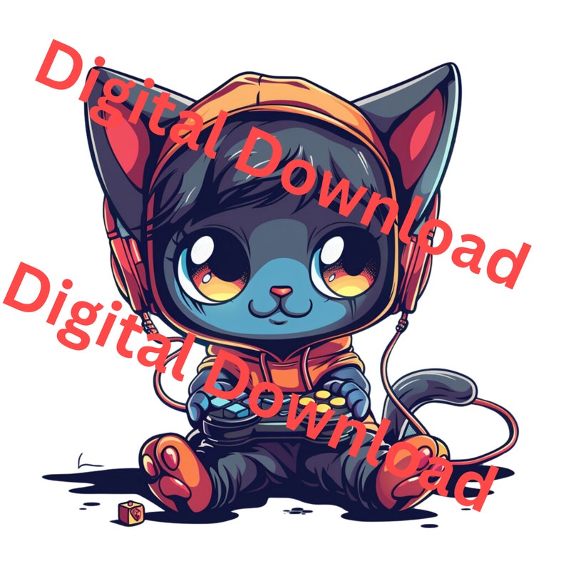 Cat Playing Video Games PDF PNG, Gamer Cat Art, Digital Download, Funny ...