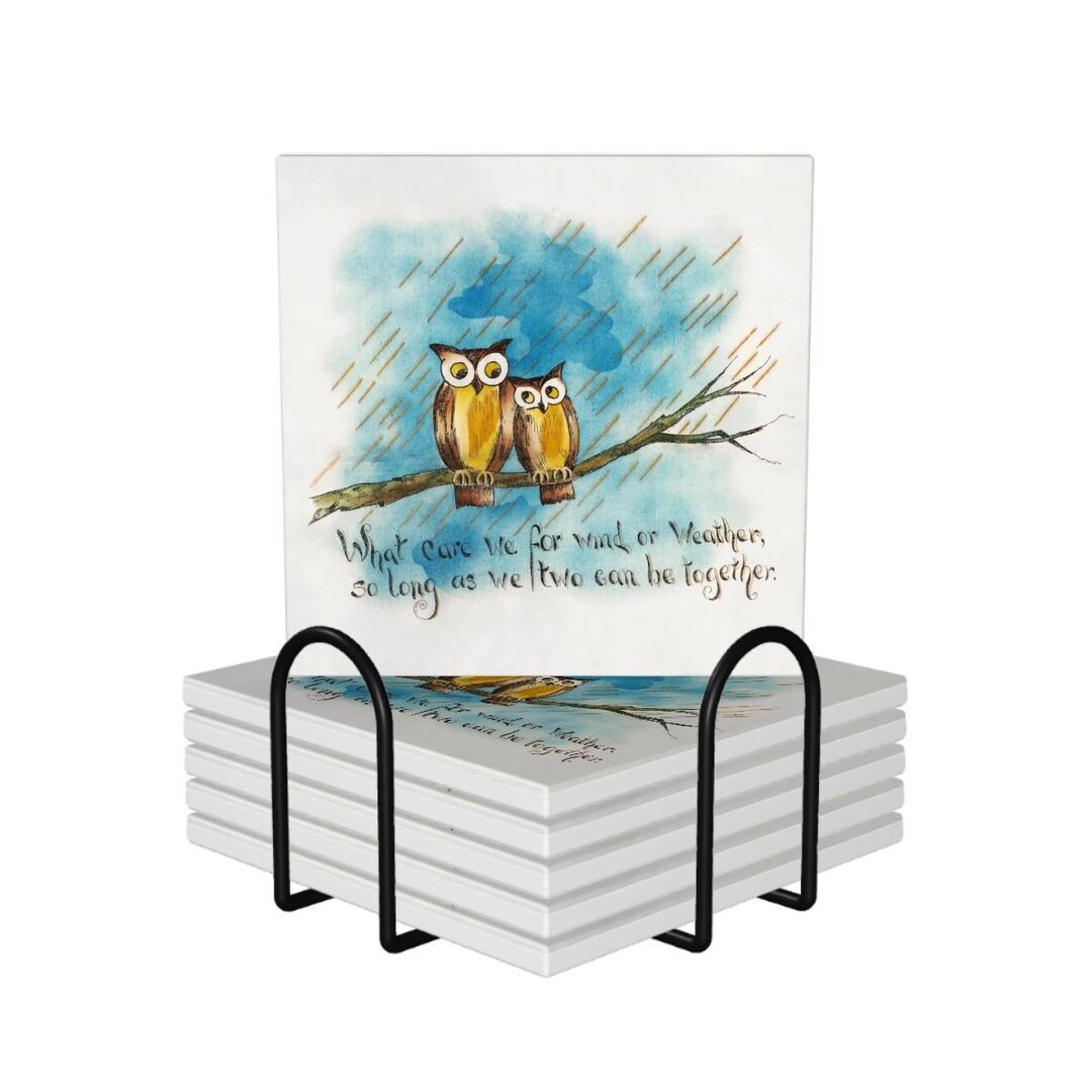 Square Ceramic Coasters Set of 6, Owl Retro Coasters, Inspirational ...