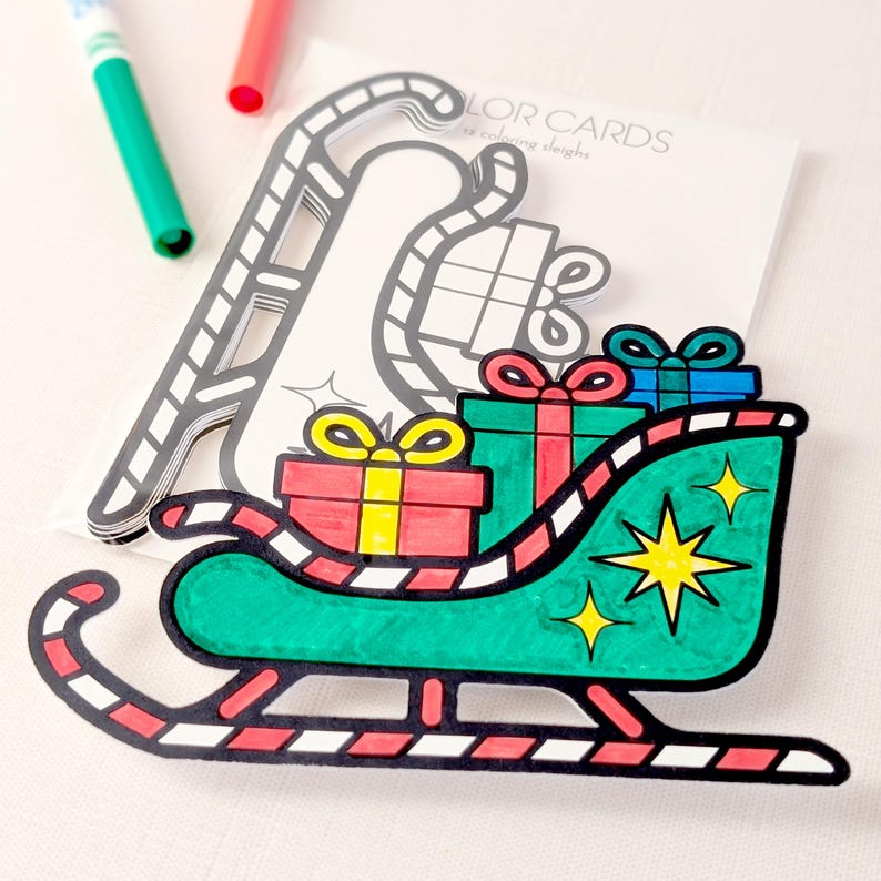 Santa's Sleigh Coloring Cards - Set of 12 Sleigh Cutouts for Kids ...