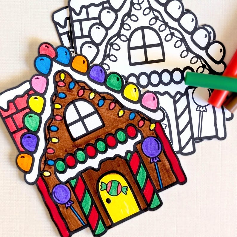 Holiday Gingerbread Coloring Cards - Set of 12 Gingerbread House ...