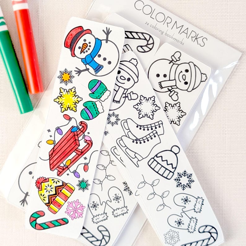 Winter Coloring Bookmarks - Set of 24 Kids Bookmarks for Christmas ...