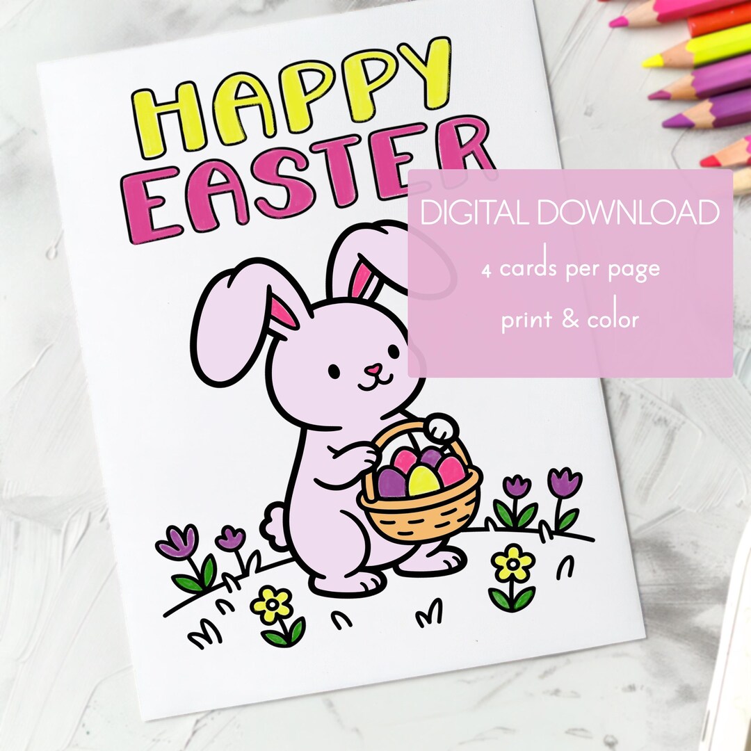 Easter Coloring Cards Printable, Happy Easter Bunny Card Kids Coloring ...