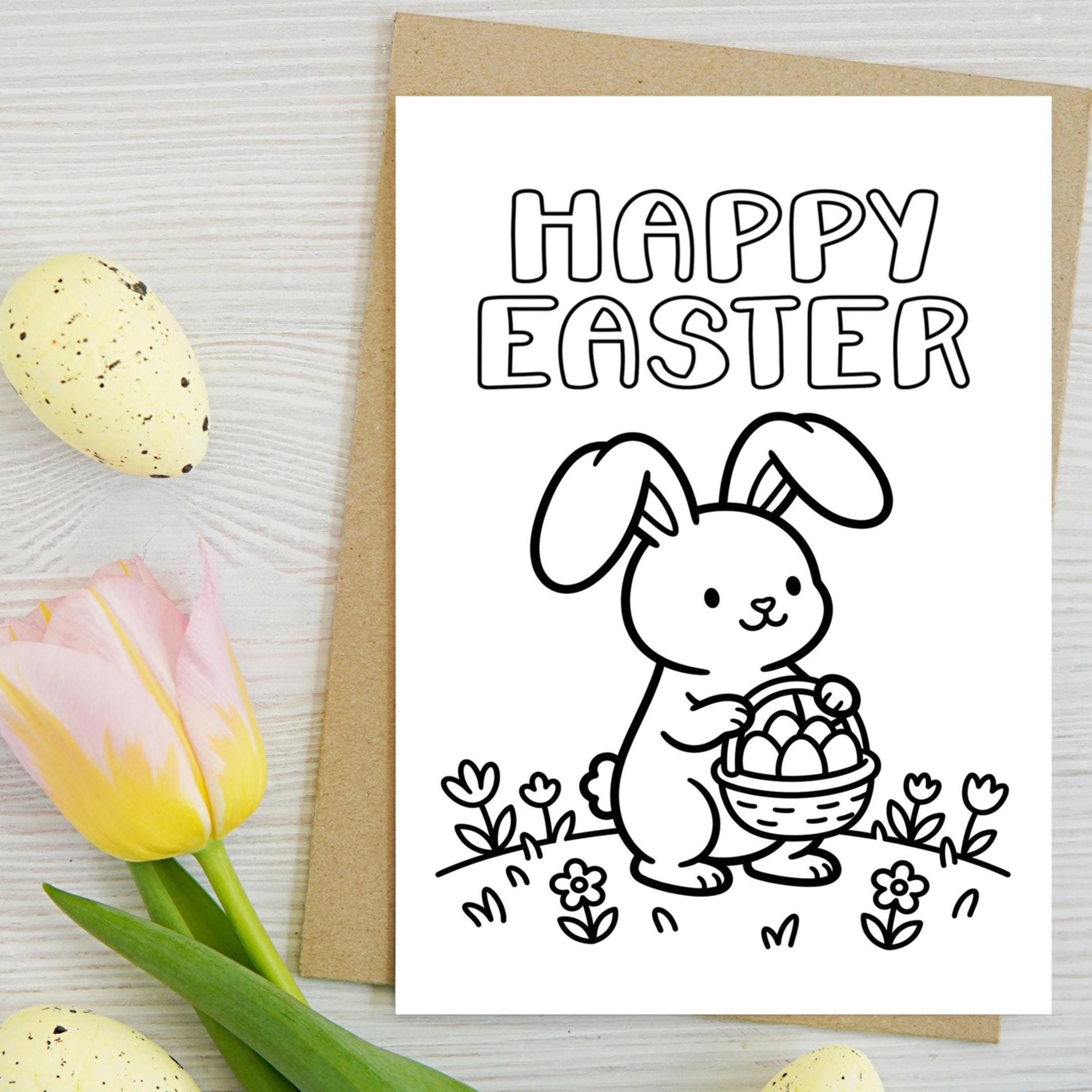 Easter Coloring Cards Printable, Happy Easter Bunny Card Kids Coloring ...