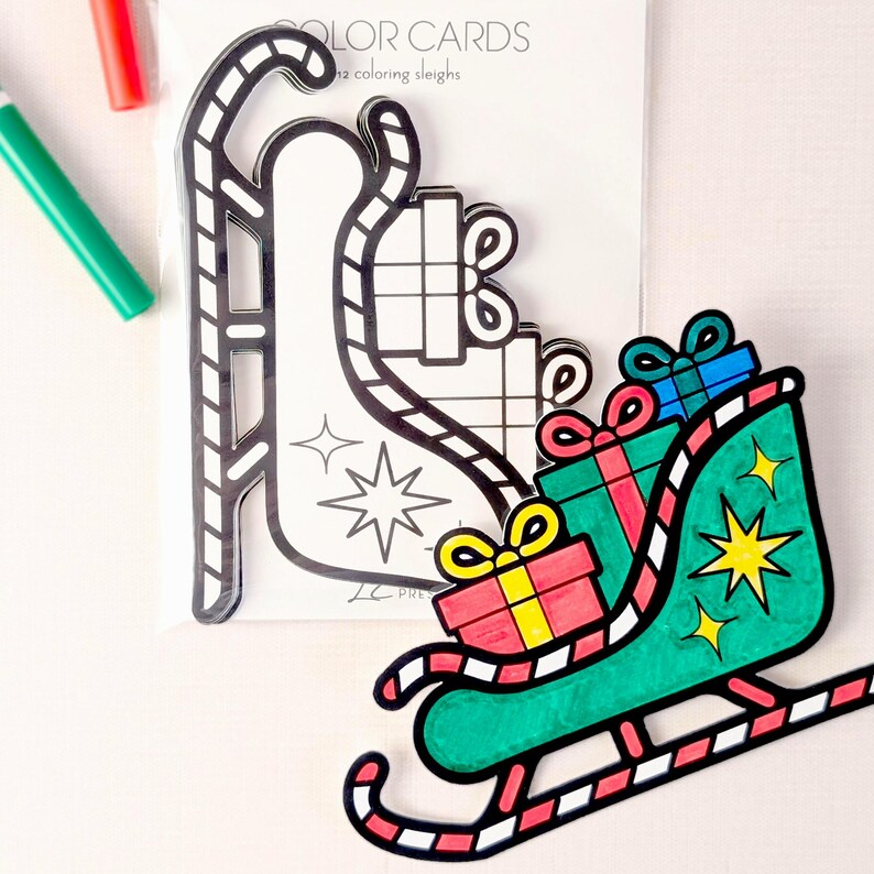 Santa's Sleigh Coloring Cards - Set of 12 Sleigh Cutouts for Kids ...