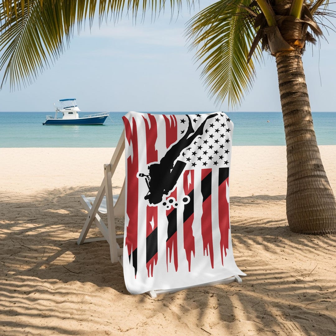 Diver American Flag Beach Towel, Patriotic Scuba Design, USA Flag Dive ...