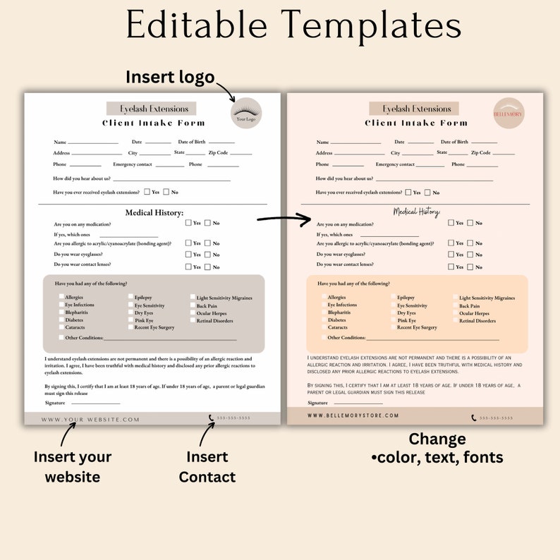 Eyelash Extension Client Consent Intake Forms + Lash Styling Form, Lash ...