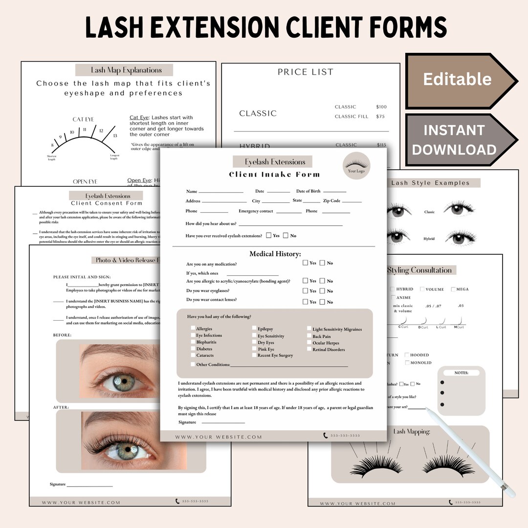 Eyelash Extension Client Consent Intake Forms + Lash Styling Form, Lash ...