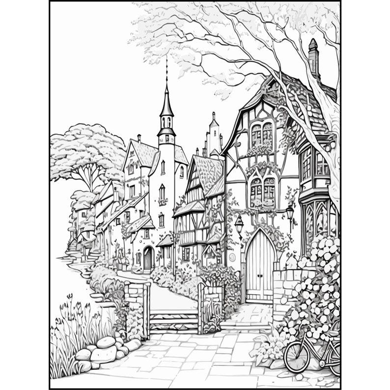 Village Scape Coloring Page Bundle - Etsy