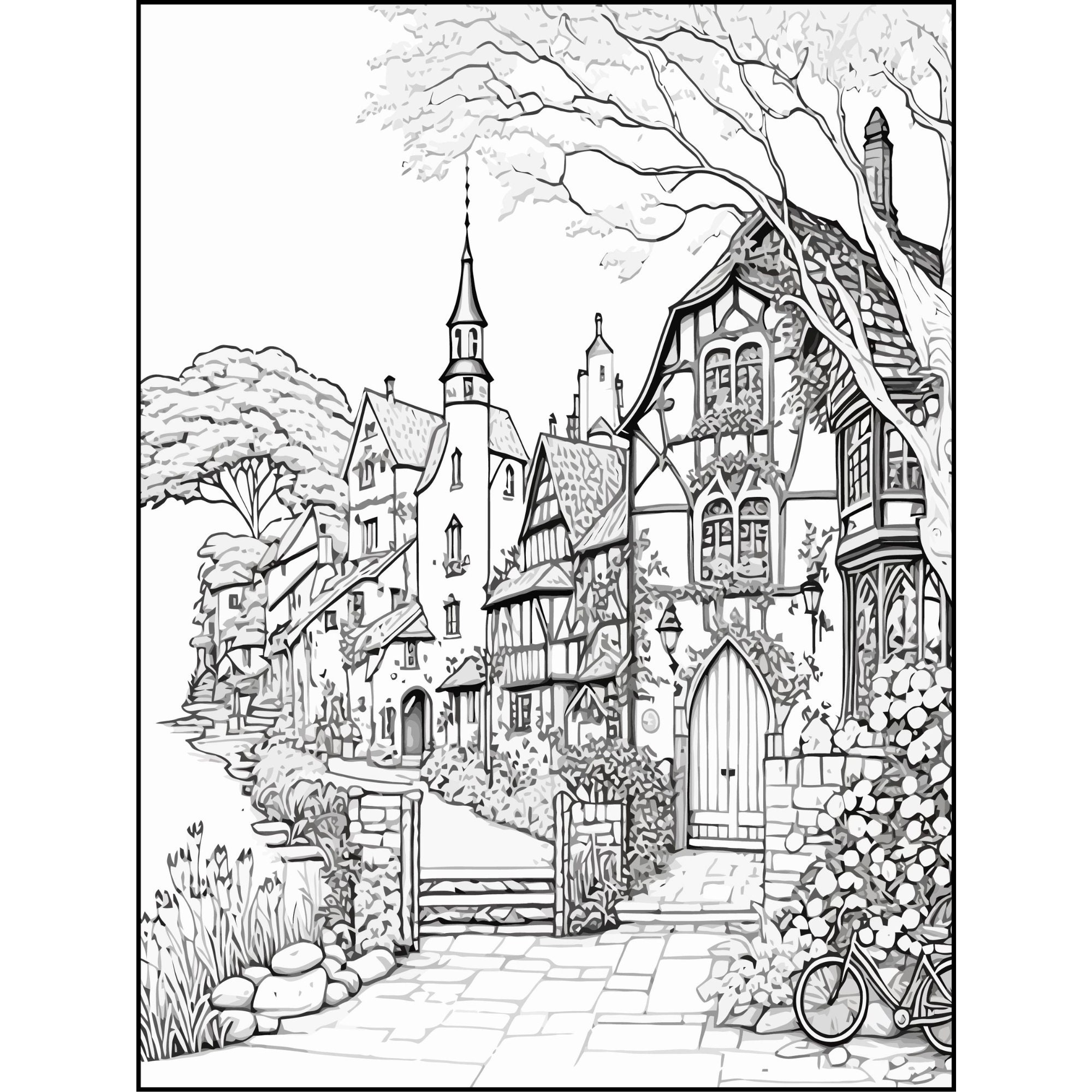 Village Scape Coloring Page Bundle - Etsy