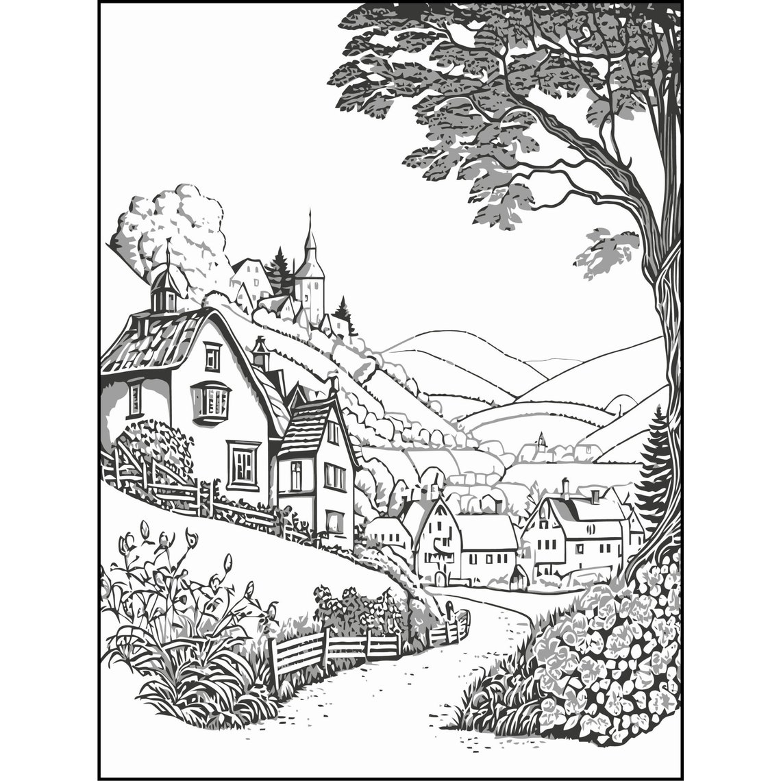 Village Scape Coloring Page Bundle - Etsy