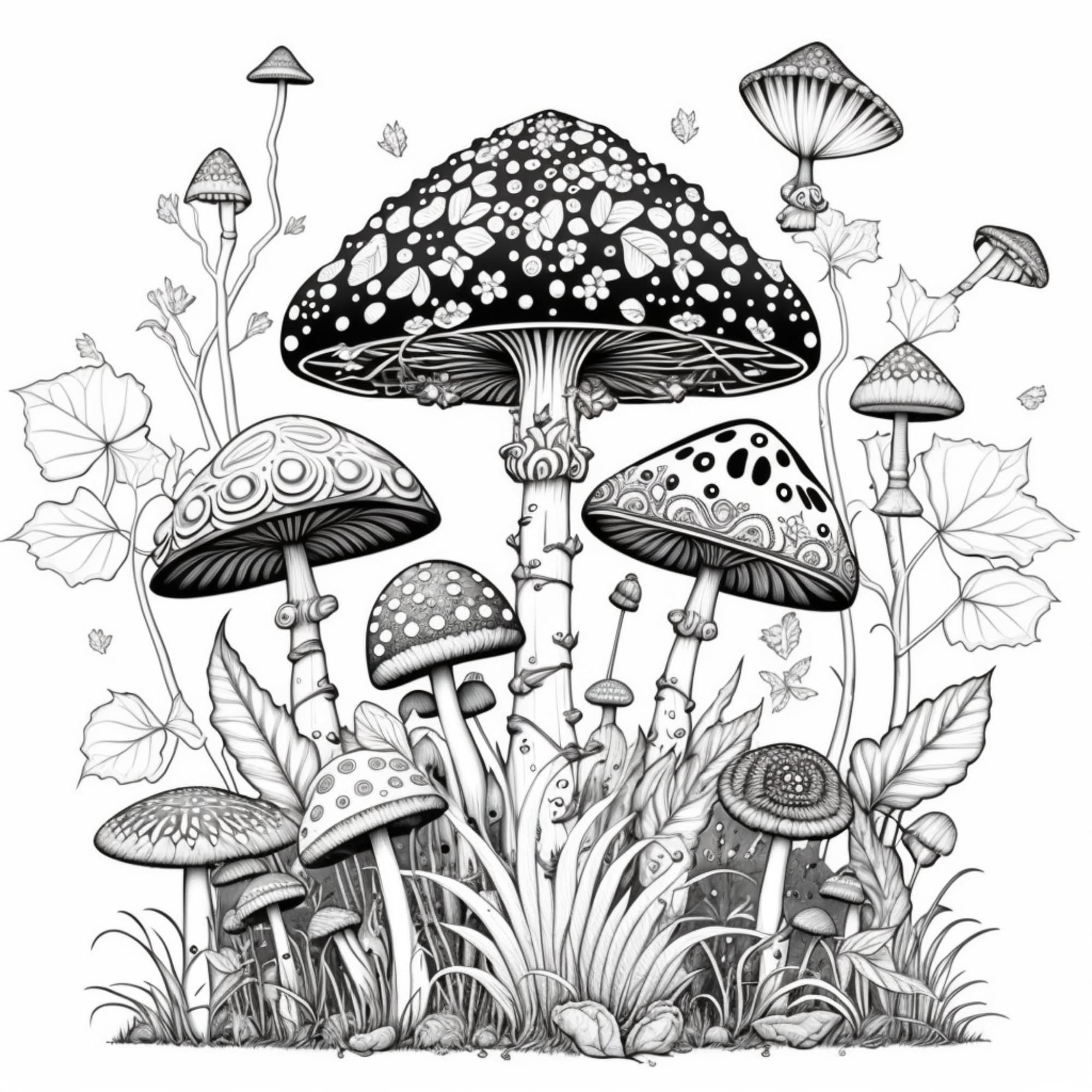 Fantasy Mushroom Coloring Pages, Mushroom Coloring Pages Bundle, Adult ...